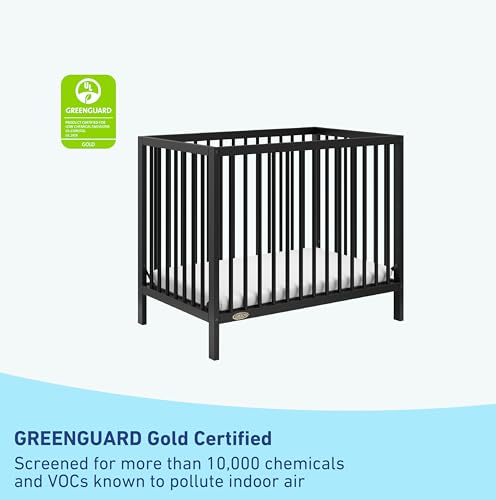 Graco Teddi 4-in-1 Convertible Mini Crib with Bonus Water-Resistant Mattress (Black) – GREENGUARD Gold Certified, 2.75-Inch Mattress Included, Convenient Size, Easy 30-Minute Assembly