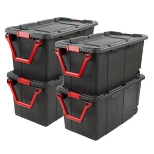 sterilite 40 gal wheeled industrial tote, stackable storage bin with latch lid, plastic container with heavy duty latches, black base and lid, 4-pack