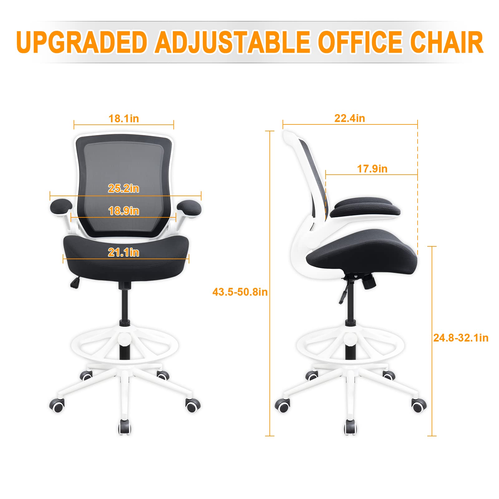 BOJUZIJA Ergonomic Drafting Chair,Standing Computer Desk Chair,Foot Ring,with Flip-Up Arms,Lumbar Support Swivel Computer Task Chair-Black