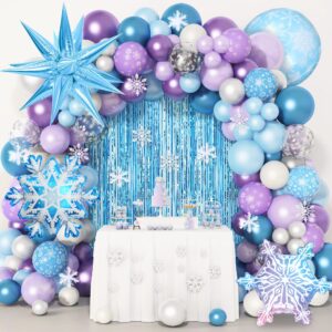 amandir 162pcs snow birthday party supplies, snow balloon garland arch kit fringe curtain blue purple snowflake foil balloons princess winter wonderland girl baby froze party decorations