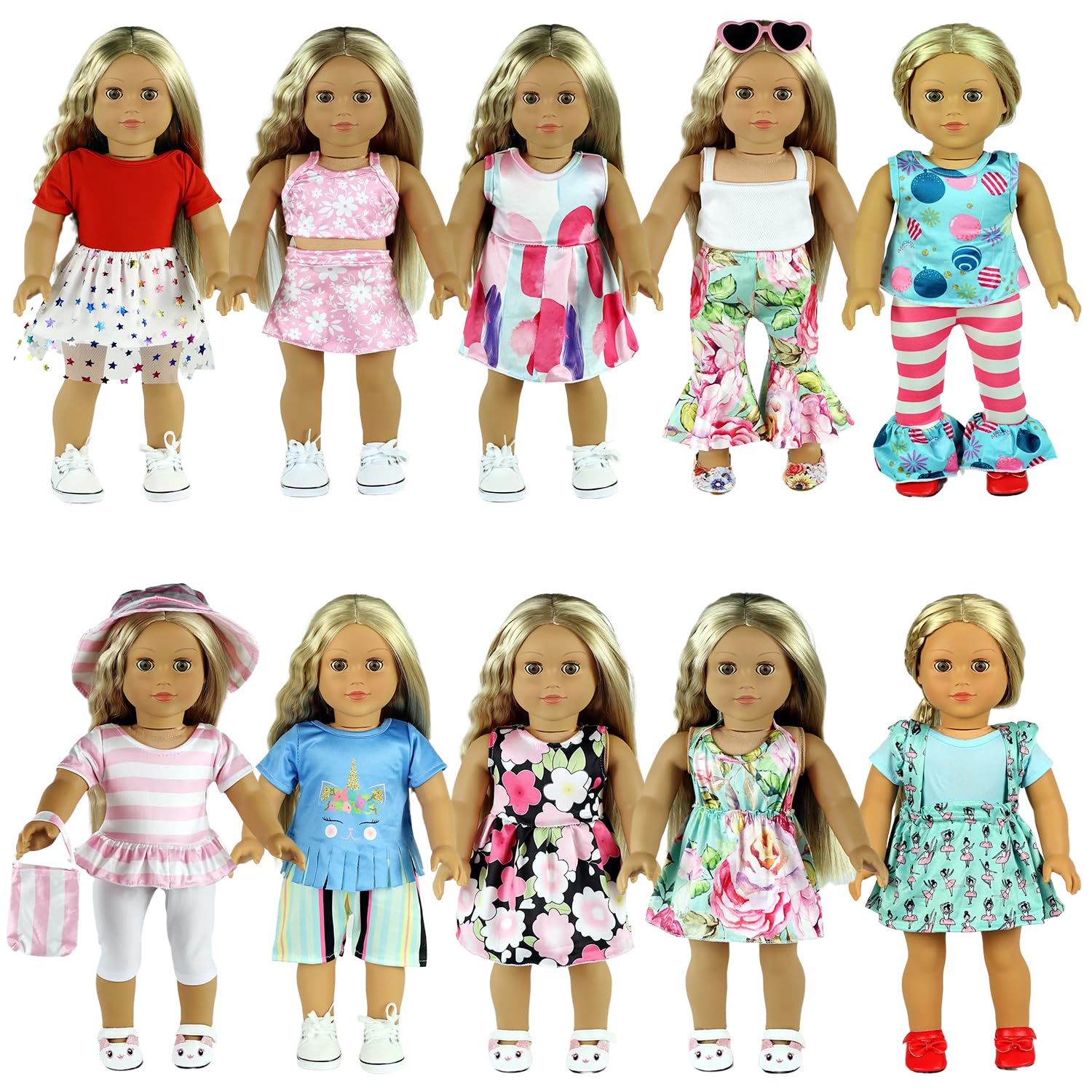 ReeRaa 20 pcs 18 inch Doll Clothes and Accessories for American 18 inch Girl Doll Clothes Gift Including 10 Complete Sets of Clothing