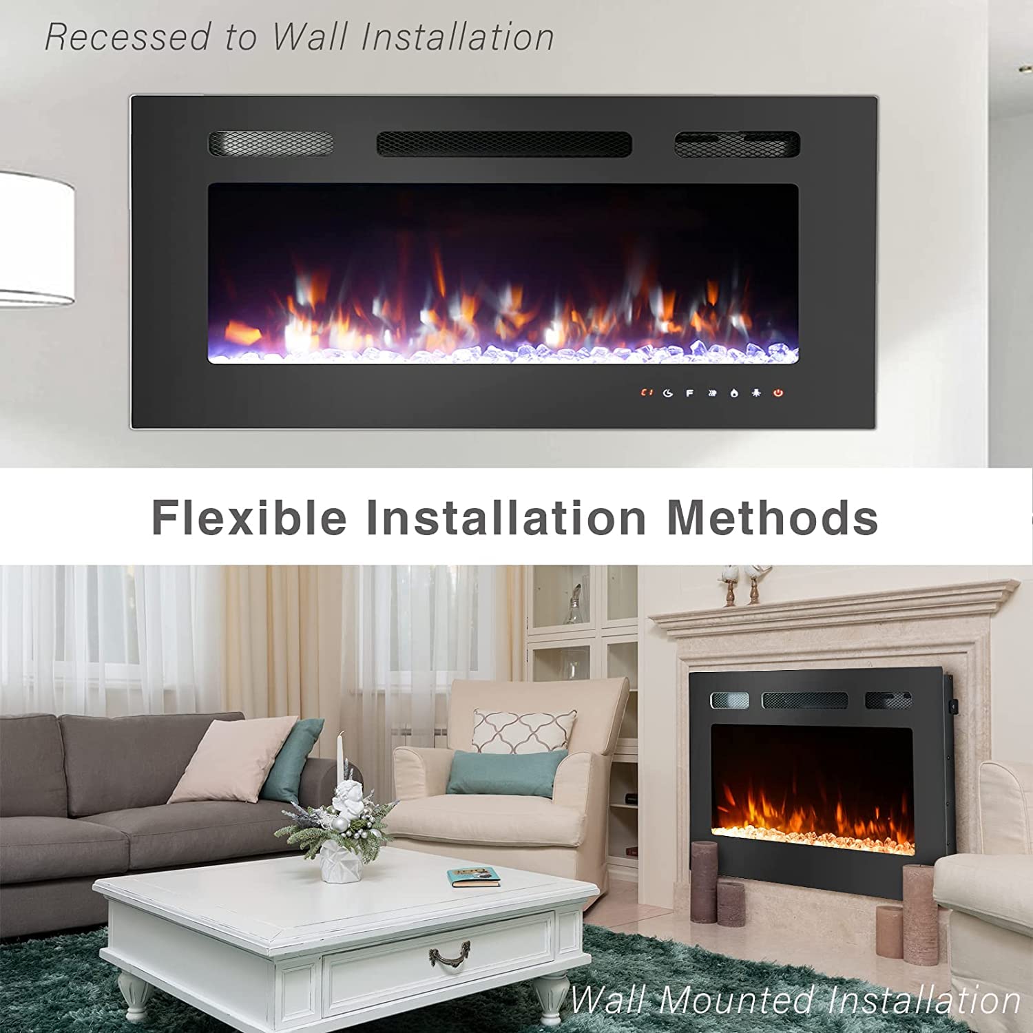 Ariiles 50 inch Electric Fireplace Inserts, Wall Mounted Fireplace, Recessed Fireplace, Led Fireplace, Linear Fireplace with Remote Control, 12 Flame Colors,750/1500W (50inch)