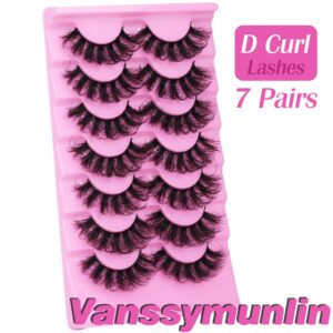 Fales Eyelashes Fluffy Lashes Mink D Curl Strip Lashes Wispy Dramatic Long Thick Fake Eye Lashes Pack 7 Pairs