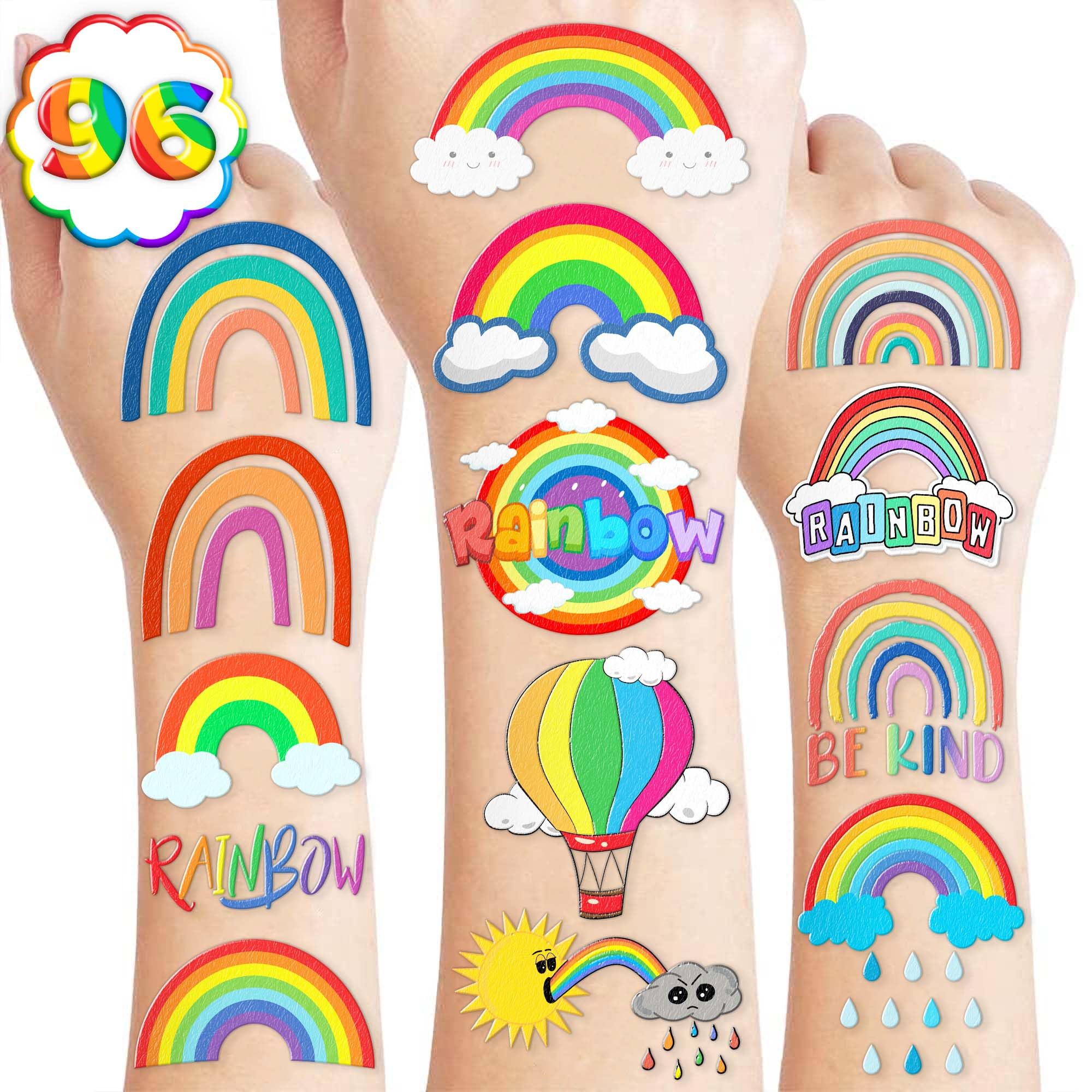 8 Sheets (96PCS) Rainbow Temporary Tattoos Theme Birthday Party Decorations Supplies Party Favors Decor Tattoo Stickers For Kids Girls Boys Gifts Classroom School Prizes Rewards