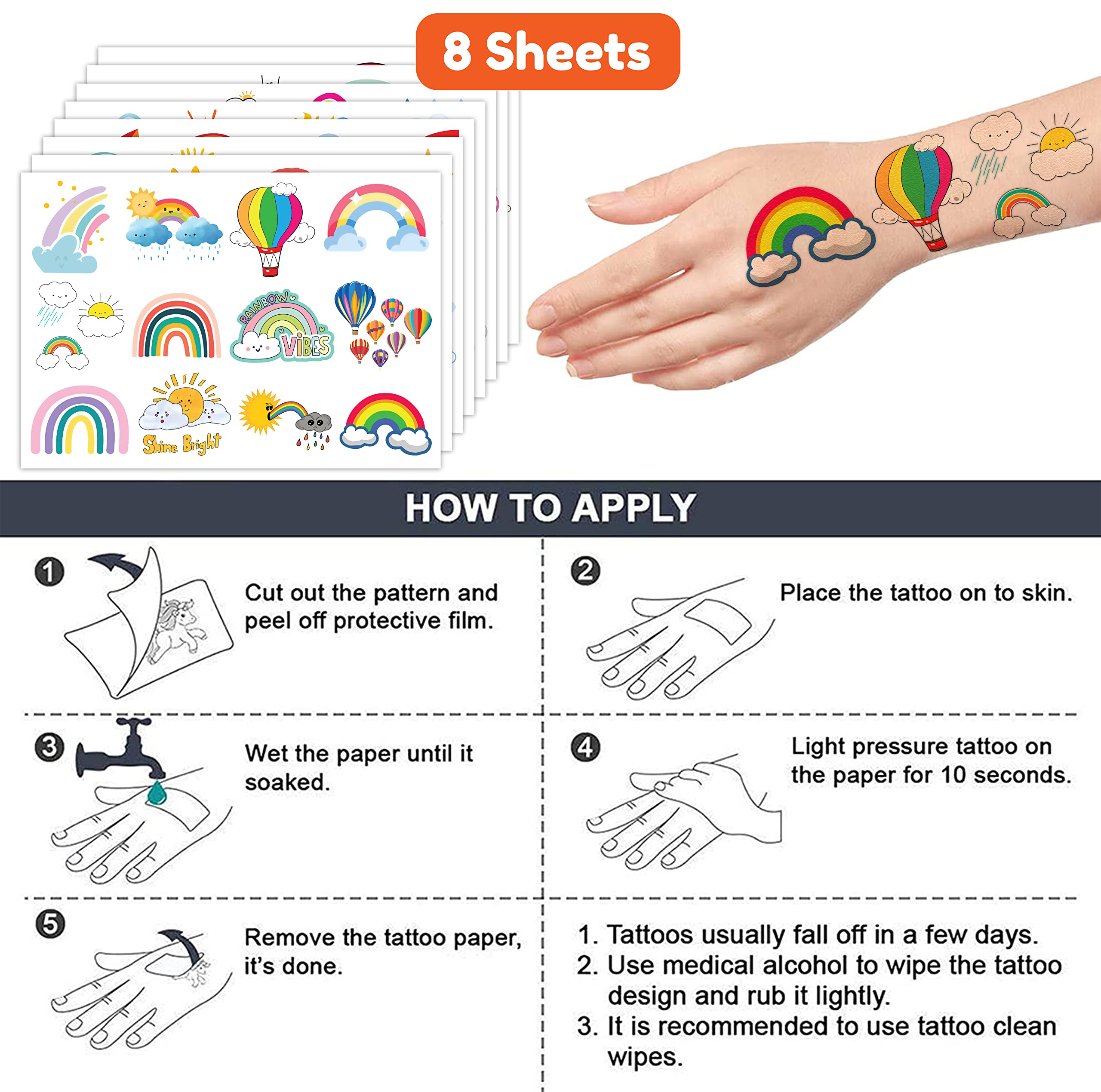 8 Sheets (96PCS) Rainbow Temporary Tattoos Theme Birthday Party Decorations Supplies Party Favors Decor Tattoo Stickers For Kids Girls Boys Gifts Classroom School Prizes Rewards