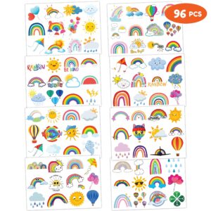 8 Sheets (96PCS) Rainbow Temporary Tattoos Theme Birthday Party Decorations Supplies Party Favors Decor Tattoo Stickers For Kids Girls Boys Gifts Classroom School Prizes Rewards