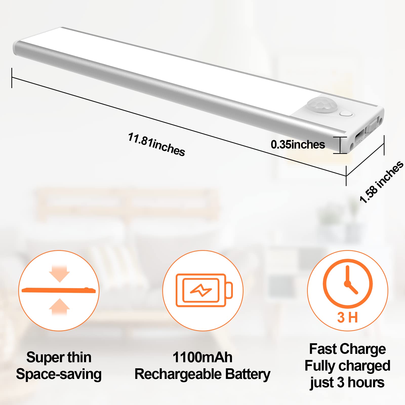 EAUTOR Under Cabinet Lights Motion Sensored – 126 LED Closet Lights Rechargeable Led Light Strip Motion Sensor Closet Lights Stick-On Magnetic Led Under Cabinet Lighting