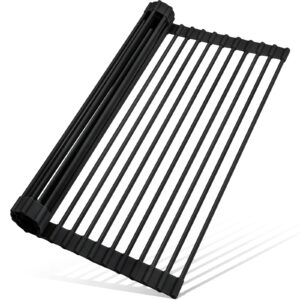 merrybox roll up dish drying rack silicone wrapped over the sink dish drying rack multipurpose foldable sink drying mat anti-slip & anti-rust dish rack for kitchen, 17.5" x 13", black