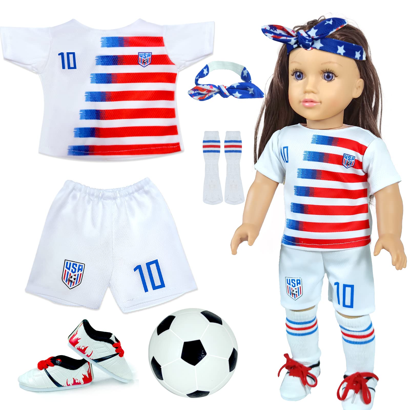 WONDOLL 18-Inch-Doll-Clothes and Accessories - WONDOLL World Cup Team USA 18'' Soccer Uniform Outfits Includes Headband,Shirt,Shorts, Socks,Shoes and Football