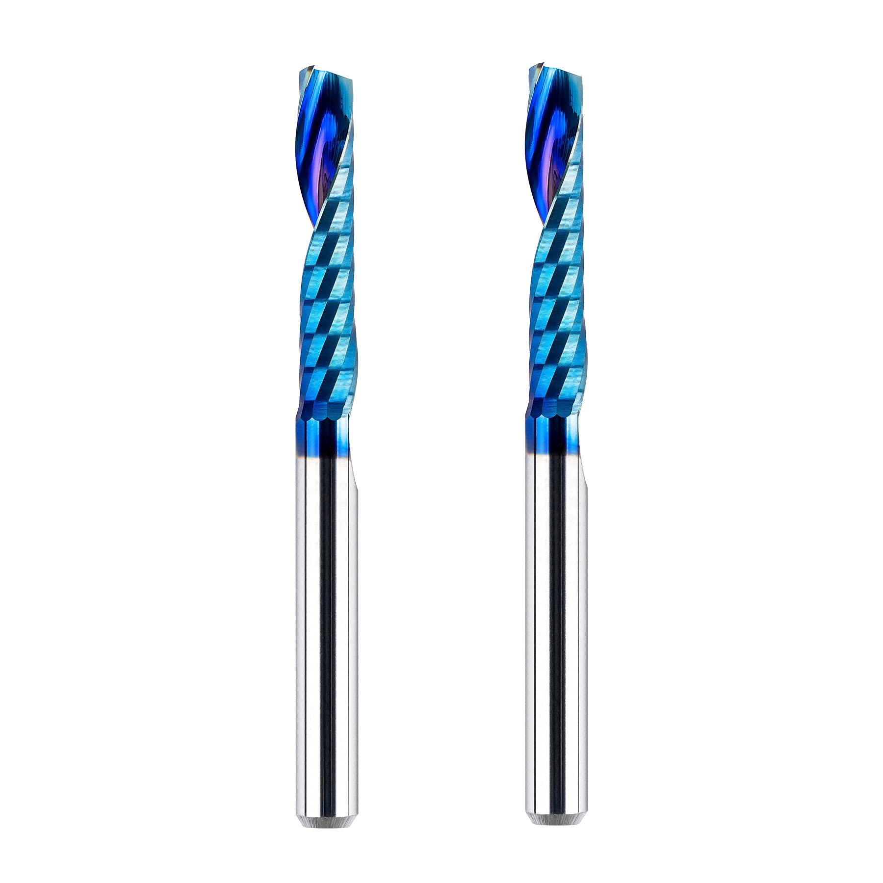 BITITZ 2pcs O Flute Spiral Router Bits 1/8 Inch Cutting Diameter 1/8 Inch Shank 3/4 Inch Cutting Length Carbide CNC Bits with Blue Nano Coating for Acrylic Plastic