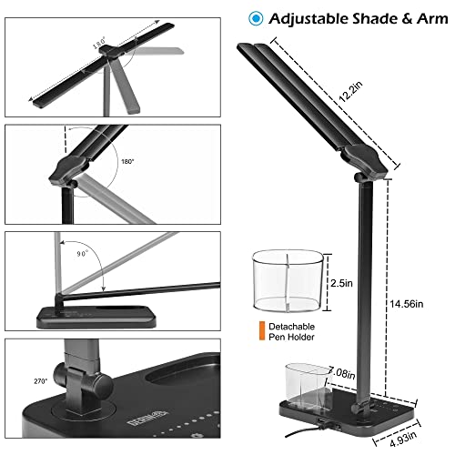 GERINTECH Dual Shade LED Desk Lamp with USB Charging Port & Pen Holder, Bright Table Lamp with Auto Shut-Off Timer, 10 Adjustable Brightness, 5 Color Modes (Black)