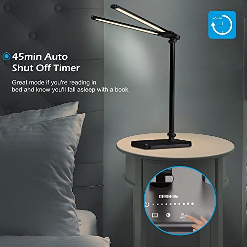 GERINTECH Dual Shade LED Desk Lamp with USB Charging Port & Pen Holder, Bright Table Lamp with Auto Shut-Off Timer, 10 Adjustable Brightness, 5 Color Modes (Black)