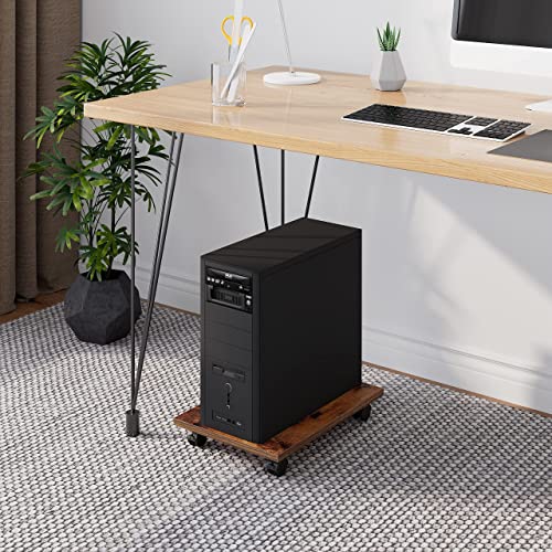 JOIN IRON CPU Stand Computer Tower Stand, Set of 2 Pc Tower Stand, Floor Pc Stand for Under Desk, Wood CPU Holder Stand Cart with Lockable Wheels, for Office, Home（Brown (Set of 2)