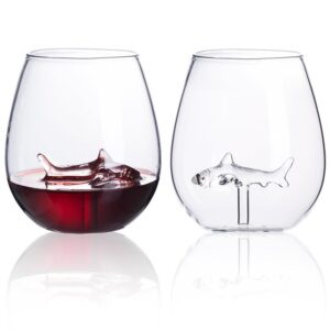 stemless wine glass with shark inside, 16 oz large capacity unique wine glasses with 3d shark marker wedding birthday gifts for sea ocean lovers