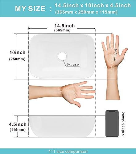 J-FAMILY 14.5'' x 10'' Bathroom Small Vessel Sink Above Counter White Porcelain Ceramic Sink Bowl Small Vanity Sink Lavatory Wash Hand Basin