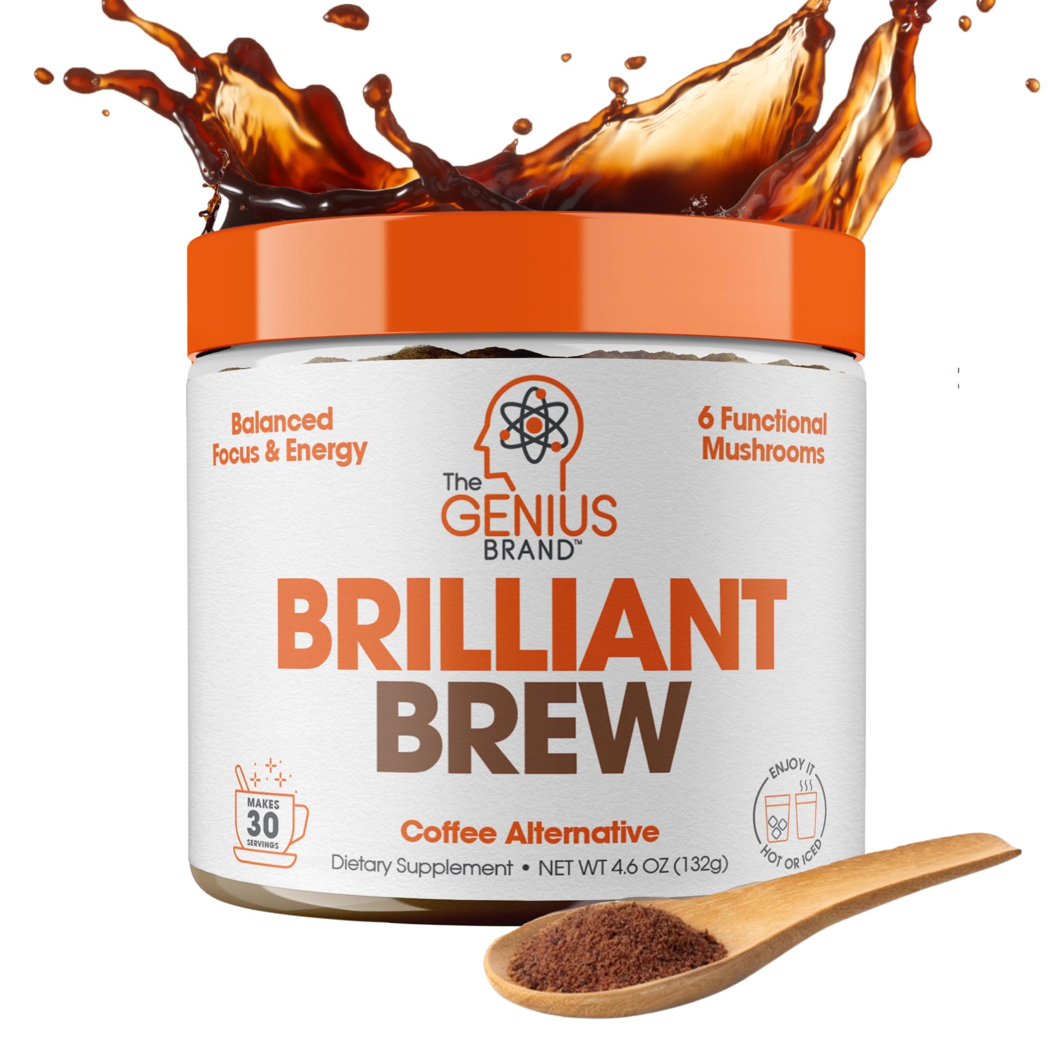 Genius Brilliant Brew, Coffee Alternative- Nootropic Adaptogen Mushroom Coffee Substitute, Natural Energy with No Jitters & Crash - 0 Sugar, No Preservatives or Artificial Flavors, Non-GMO & Soy-Free