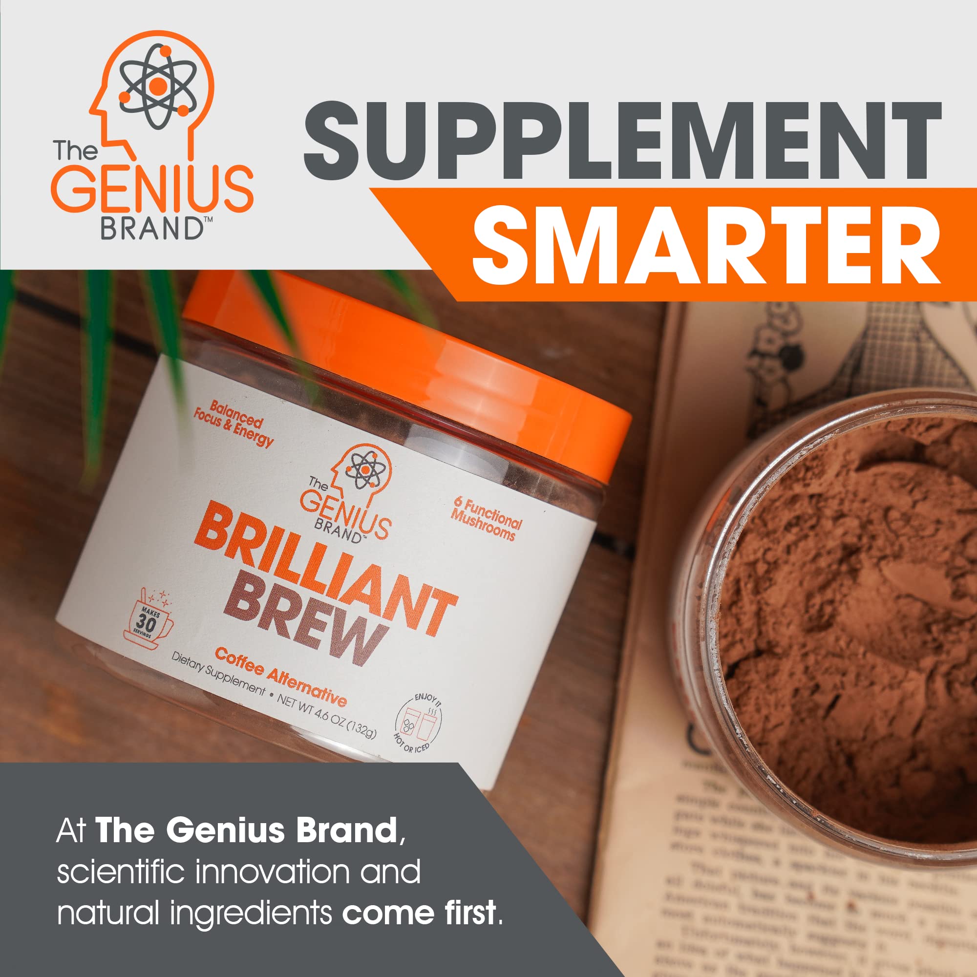 Genius Brilliant Brew, Coffee Alternative- Nootropic Adaptogen Mushroom Coffee Substitute, Natural Energy with No Jitters & Crash - 0 Sugar, No Preservatives or Artificial Flavors, Non-GMO & Soy-Free