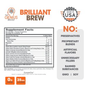 Genius Brilliant Brew, Coffee Alternative- Nootropic Adaptogen Mushroom Coffee Substitute, Natural Energy with No Jitters & Crash - 0 Sugar, No Preservatives or Artificial Flavors, Non-GMO & Soy-Free