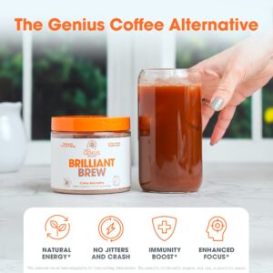 Genius Brilliant Brew, Coffee Alternative- Nootropic Adaptogen Mushroom Coffee Substitute, Natural Energy with No Jitters & Crash - 0 Sugar, No Preservatives or Artificial Flavors, Non-GMO & Soy-Free