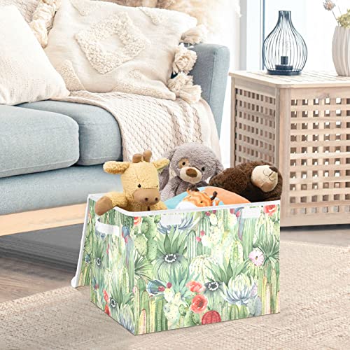 DOMIKING Floral Cactus Succulents Large Storage Bin with Lid Collapsible Shelf Baskets Box with Handles empty gift basket for Nursery Drawer Shelves Cabinet