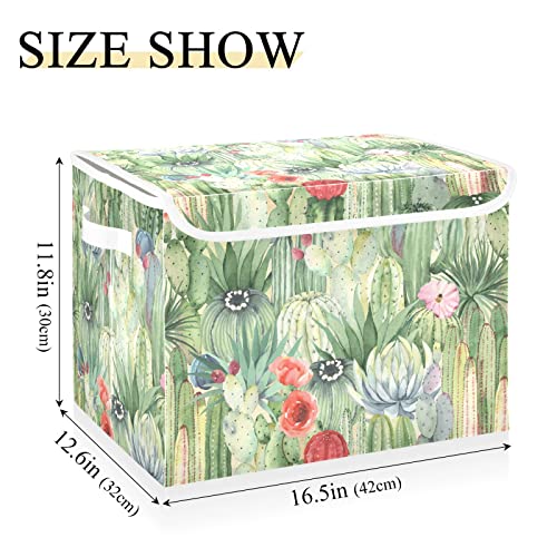 DOMIKING Floral Cactus Succulents Large Storage Bin with Lid Collapsible Shelf Baskets Box with Handles empty gift basket for Nursery Drawer Shelves Cabinet