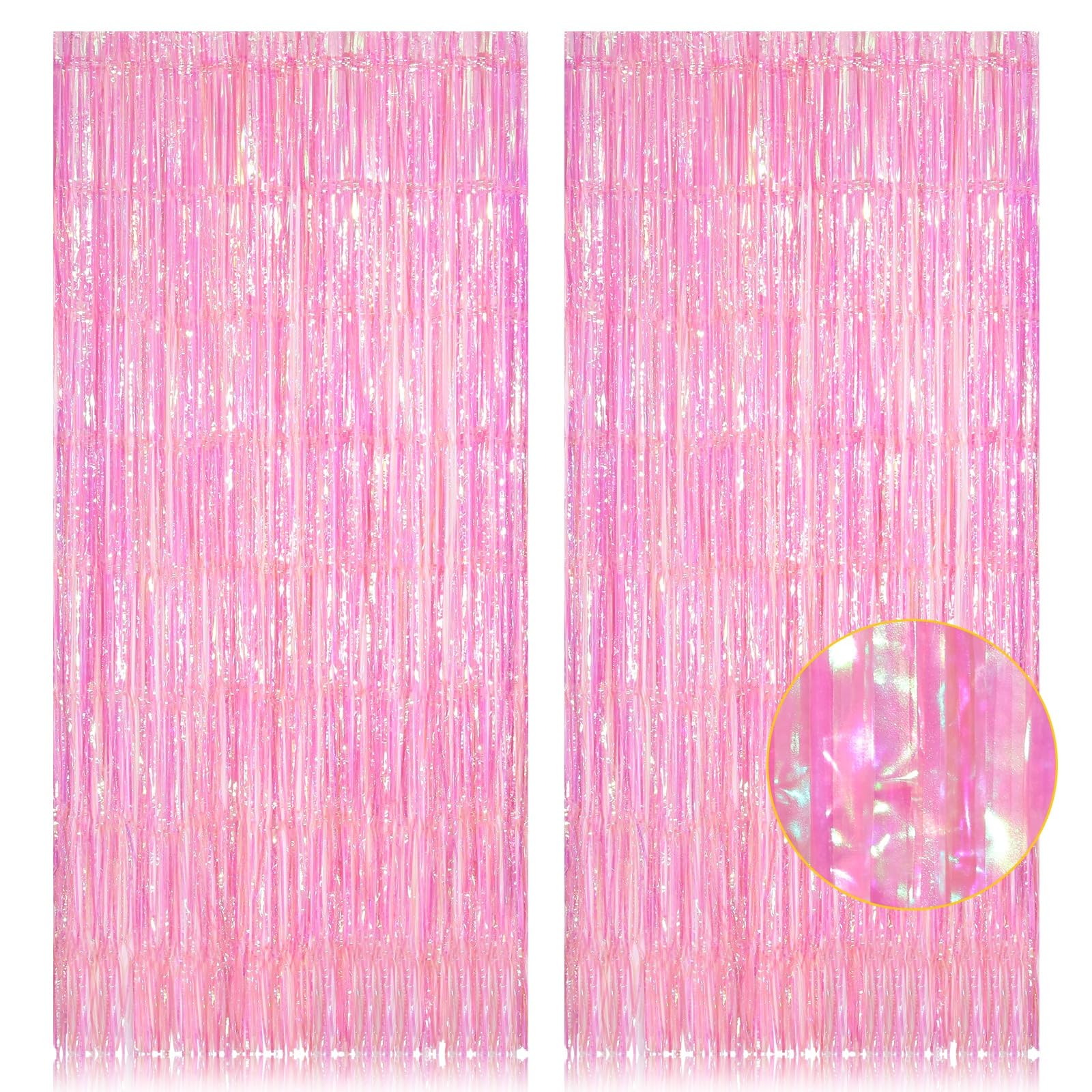 2 Pack Neon Pink Foil Fringe Curtain, 3.2x8.2 Feet Metallic Tinsel Photo Booth Pros Streamer Curtains for Party Birthday Wedding 2023 Graduation Decoration Supplies (Iridescent Pink)