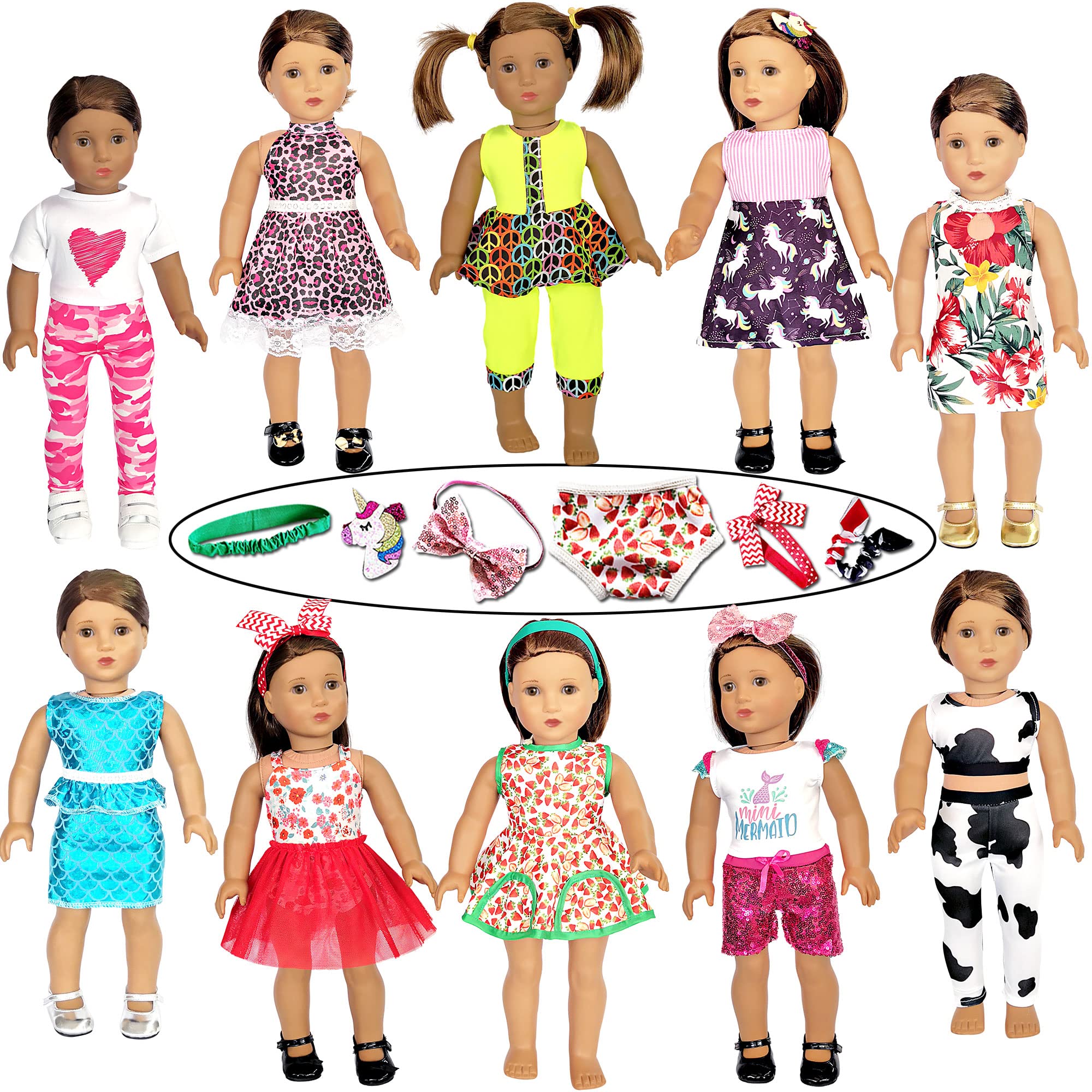 HOAKWA 18 inch Doll Clothes and Accessories fit American 18'' Dolls - Including 10 Complete Set of 18 inch American Doll Clothes Outfits Dress with Unicorn Hair Clips, Hair Bands, Underwear