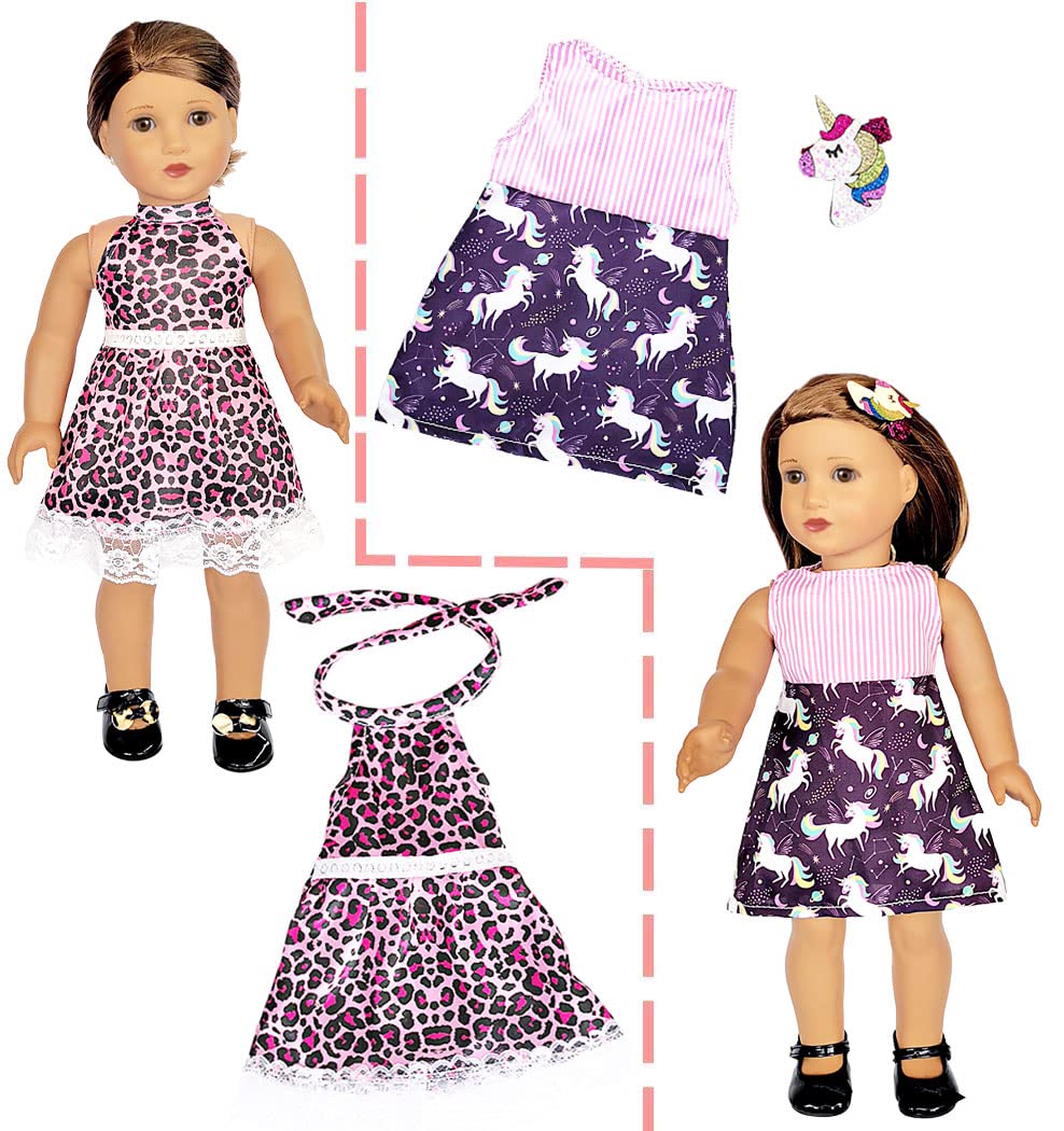 HOAKWA 18 inch Doll Clothes and Accessories fit American 18'' Dolls - Including 10 Complete Set of 18 inch American Doll Clothes Outfits Dress with Unicorn Hair Clips, Hair Bands, Underwear