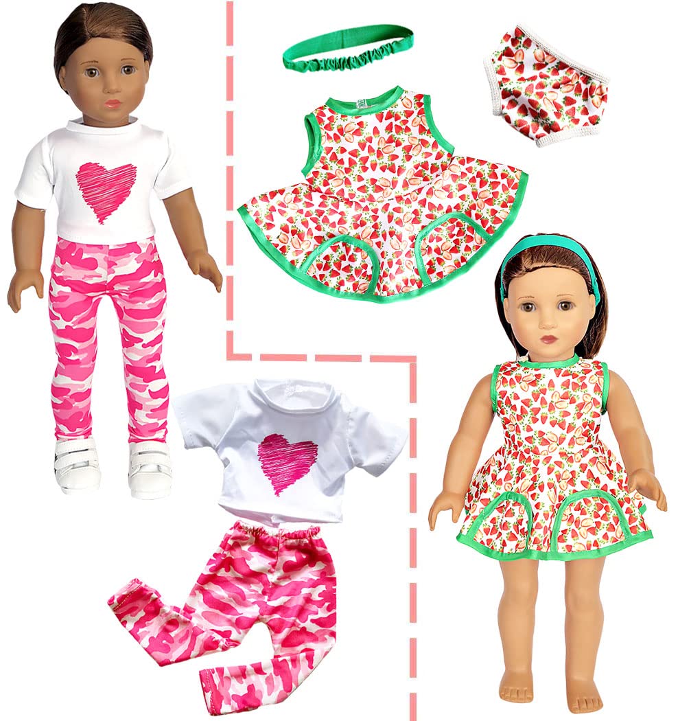 HOAKWA 18 inch Doll Clothes and Accessories fit American 18'' Dolls - Including 10 Complete Set of 18 inch American Doll Clothes Outfits Dress with Unicorn Hair Clips, Hair Bands, Underwear