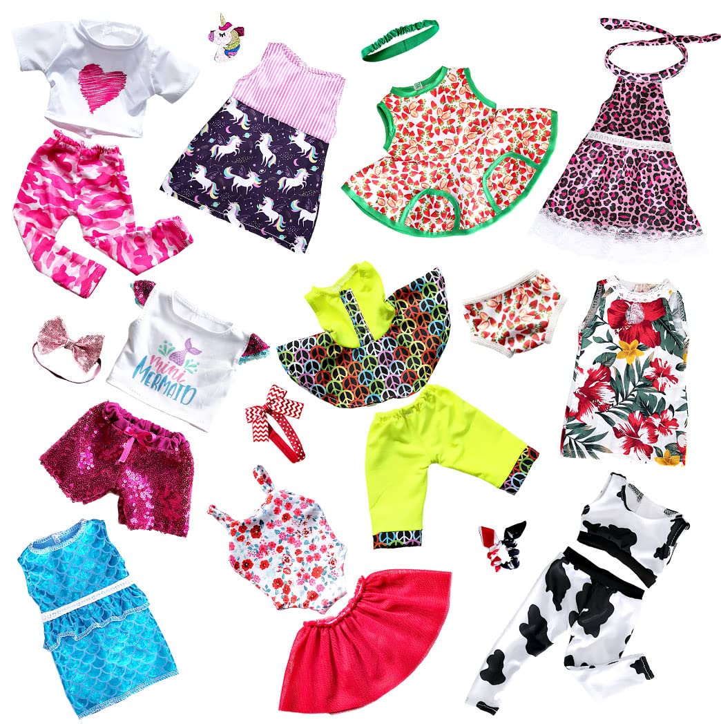 HOAKWA 18 inch Doll Clothes and Accessories fit American 18'' Dolls - Including 10 Complete Set of 18 inch American Doll Clothes Outfits Dress with Unicorn Hair Clips, Hair Bands, Underwear