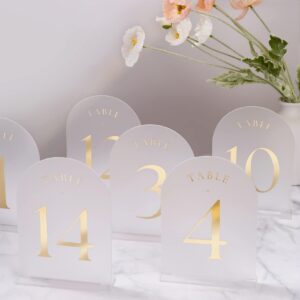 uniqooo frosted arch wedding table numbers with stands 1-15, gold foil printed 5x7 acrylic signs and holders, perfect for centerpiece, reception, decoration, party, anniversary, event