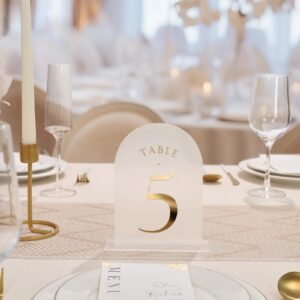 UNIQOOO Frosted Arch Wedding Table Numbers with Stands 1-15, Gold Foil Printed 5x7 Acrylic Signs and Holders, Perfect for Centerpiece, Reception, Decoration, Party, Anniversary, Event