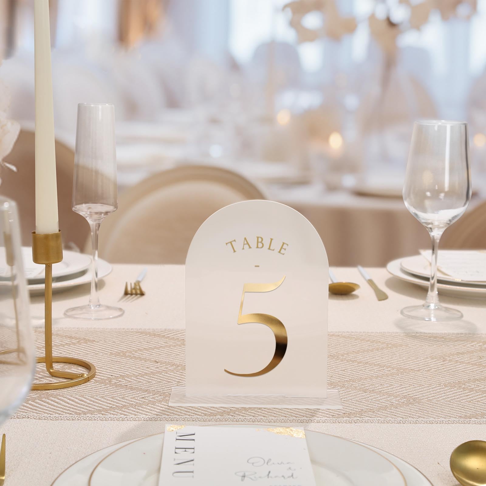 UNIQOOO Frosted Arch Wedding Table Numbers with Stands 1-15, Gold Foil Printed 5x7 Acrylic Signs and Holders, Perfect for Centerpiece, Reception, Decoration, Party, Anniversary, Event