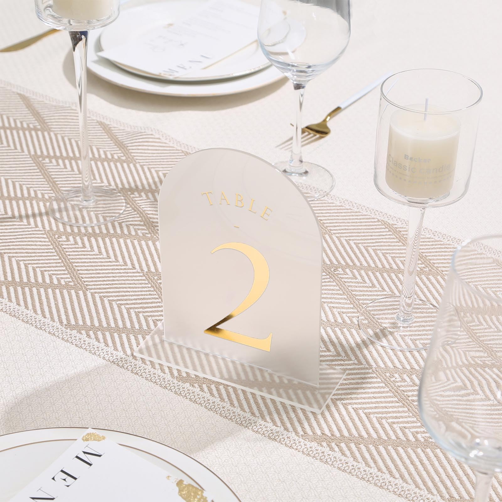 UNIQOOO Frosted Arch Wedding Table Numbers with Stands 1-15, Gold Foil Printed 5x7 Acrylic Signs and Holders, Perfect for Centerpiece, Reception, Decoration, Party, Anniversary, Event