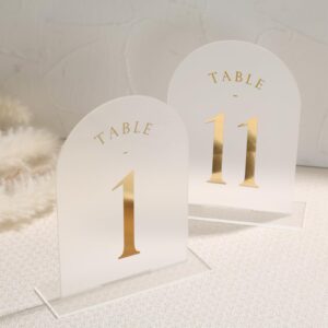 UNIQOOO Frosted Arch Wedding Table Numbers with Stands 1-15, Gold Foil Printed 5x7 Acrylic Signs and Holders, Perfect for Centerpiece, Reception, Decoration, Party, Anniversary, Event