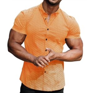 men's athletic dress shirts casual regular fit printed short sleeve muscle button down shirts orange 3xl