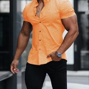 Men's Athletic Dress Shirts Casual Regular Fit Printed Short Sleeve Muscle Button Down Shirts Orange 3XL