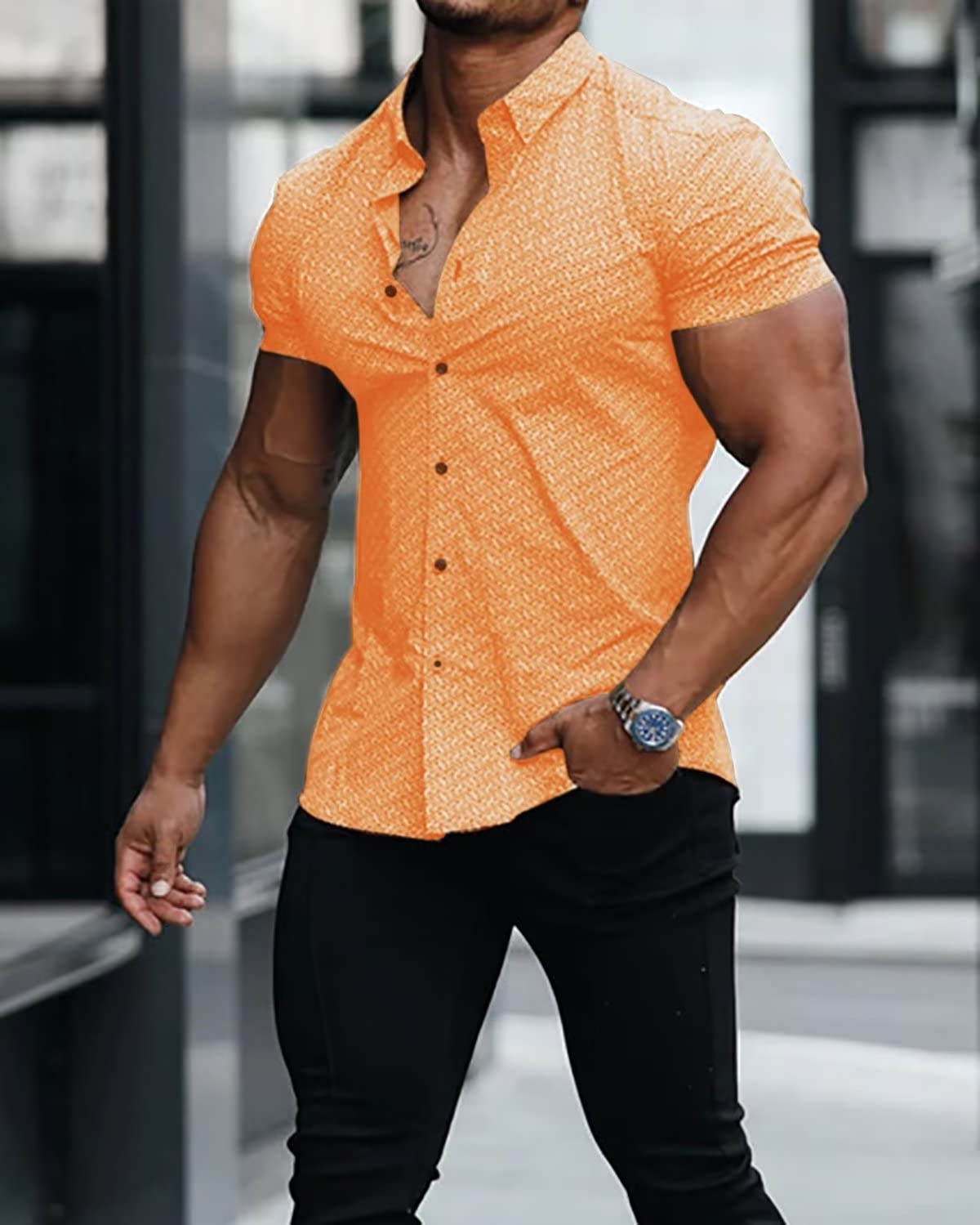 Men's Athletic Dress Shirts Casual Regular Fit Printed Short Sleeve Muscle Button Down Shirts Orange 3XL