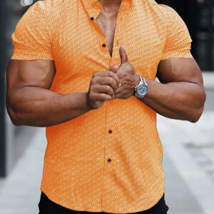 Men's Athletic Dress Shirts Casual Regular Fit Printed Short Sleeve Muscle Button Down Shirts Orange 3XL