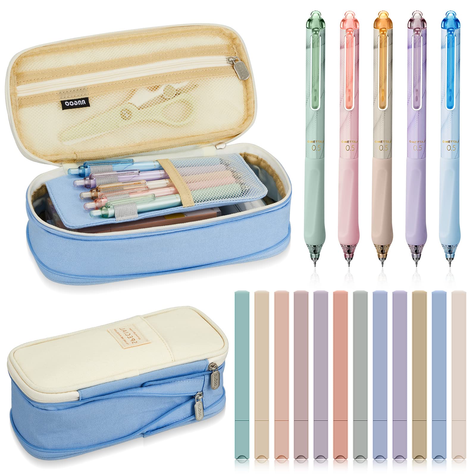 18 Pcs Aesthetic School Supplies Including Big Capacity Pen Case Bag with Zipper 12 Pcs Chisel Tip Aesthetic Cute Highlighters 5 Pcs Retractable Quick Dry Black Ink Pens(Light Blue, Fresh Style)