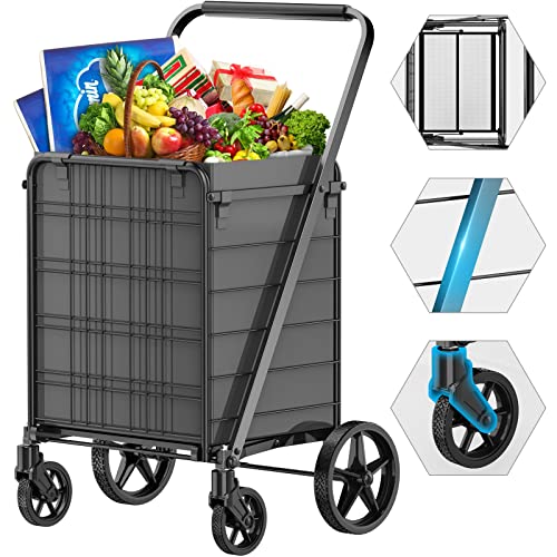 [2024 Upgrade] Shopping Cart for Groceries, 280 lbs Heavy Duty Large Grocery Cart with 360° Swivel Wheels, Waterproof Liner, Portable Foldable Utility Carts for Seniors,Laundry,Transport (Black)