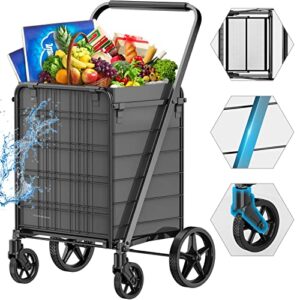 [2024 Upgrade] Shopping Cart for Groceries, 280 lbs Heavy Duty Large Grocery Cart with 360° Swivel Wheels, Waterproof Liner, Portable Foldable Utility Carts for Seniors,Laundry,Transport (Black)