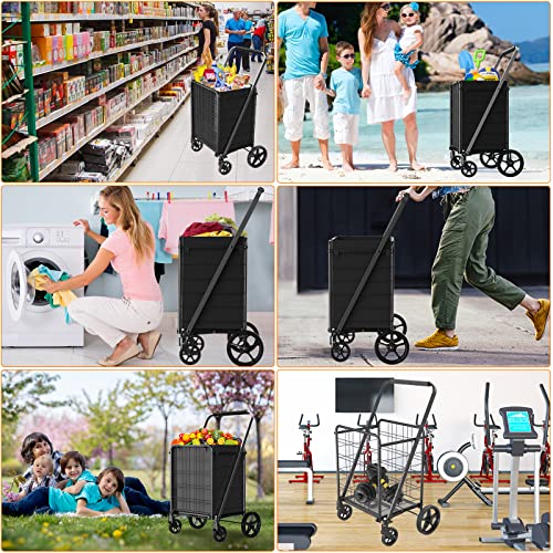 [2024 Upgrade] Shopping Cart for Groceries, 280 lbs Heavy Duty Large Grocery Cart with 360° Swivel Wheels, Waterproof Liner, Portable Foldable Utility Carts for Seniors,Laundry,Transport (Black)