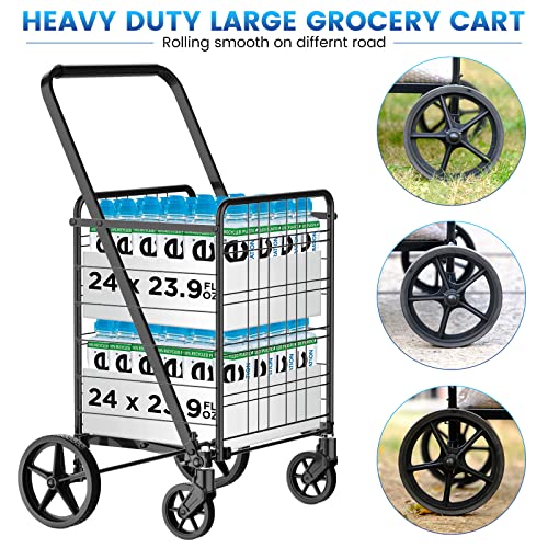 [2024 Upgrade] Shopping Cart for Groceries, 280 lbs Heavy Duty Large Grocery Cart with 360° Swivel Wheels, Waterproof Liner, Portable Foldable Utility Carts for Seniors,Laundry,Transport (Black)