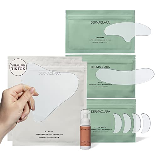 Dermaclara Cheek to Cheek Bundle - Multi-Size Reusable, Medical Grade Silicone Patches + Cleanser Kit - Minimize Look of Scars, Stretch Marks, Wrinkles, & Cellulite - Natural & Cruelty-Free - 8ct.