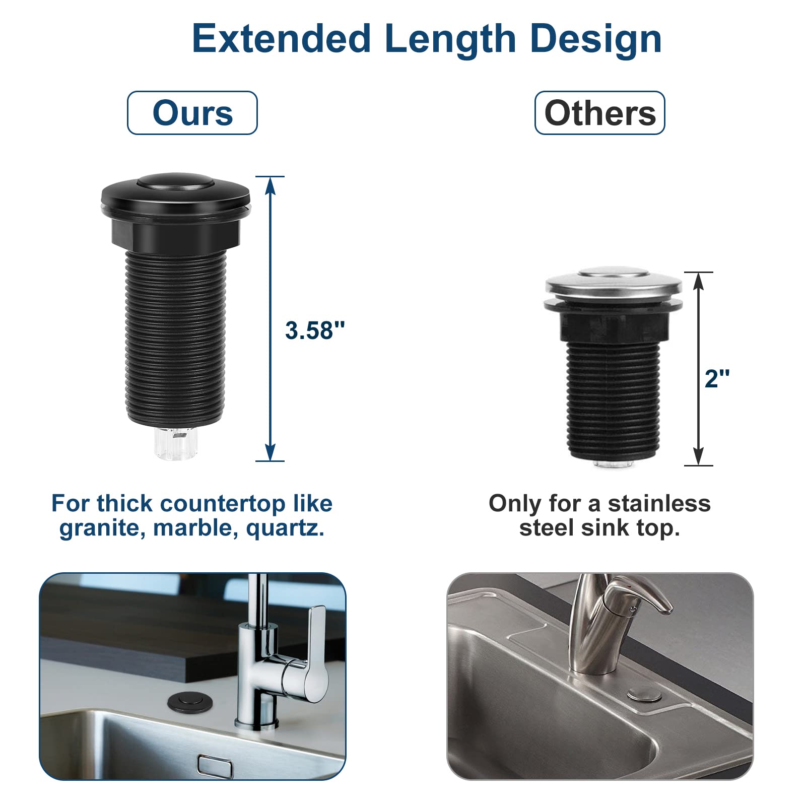 Air Switch Kit for Garbage Disposal, UL Listed Sink Top Air Switch for Food Waste Disposal, 3.58” Extra Long Air Button (Black Stainless Steel)