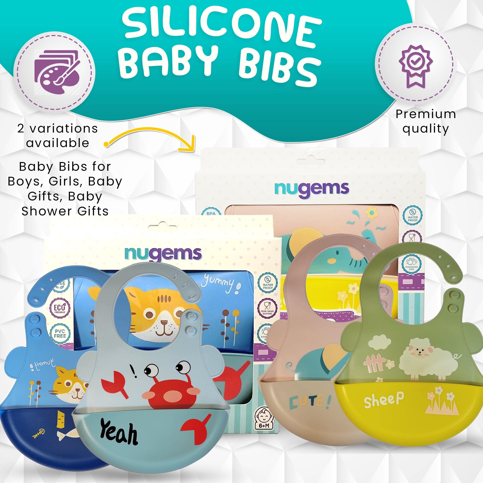 NUGEMS Silicone Baby Bibs for Babies & Toddlers (6-72 months) Silicone Bibs for Boy, Girls, Baby Gifts, Baby Shower Gifts 2 Pack (Blue and Gray)