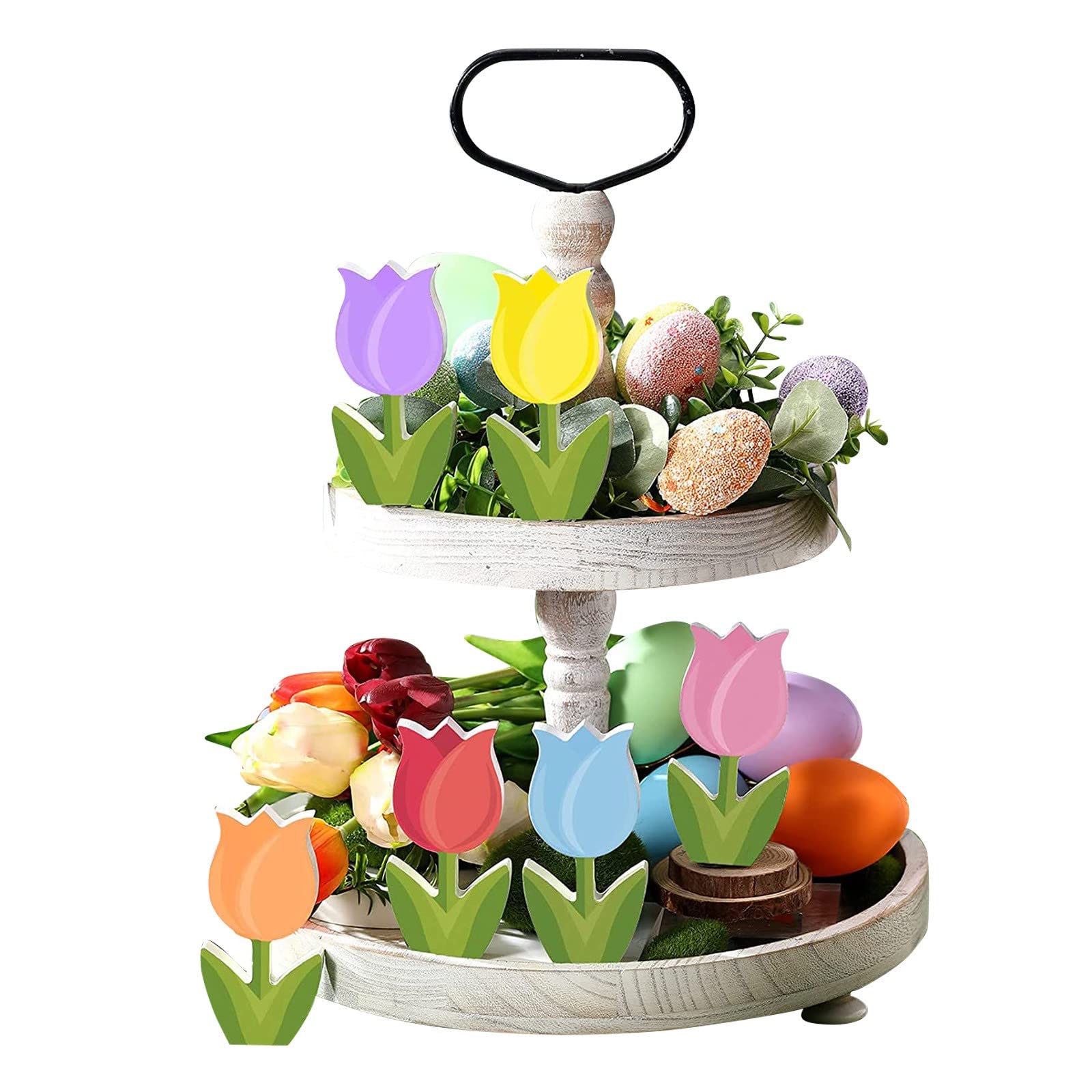 6 Pcs Easter Wooden Tulips Tiered Tray Decor Farmhouse Wood Tulips Table Decorations Spring Tiered Tray Decor Easter Wooden TulipsSign for Shelf Tabletop Easter Party Home Tie Trays (Pink, One Size)