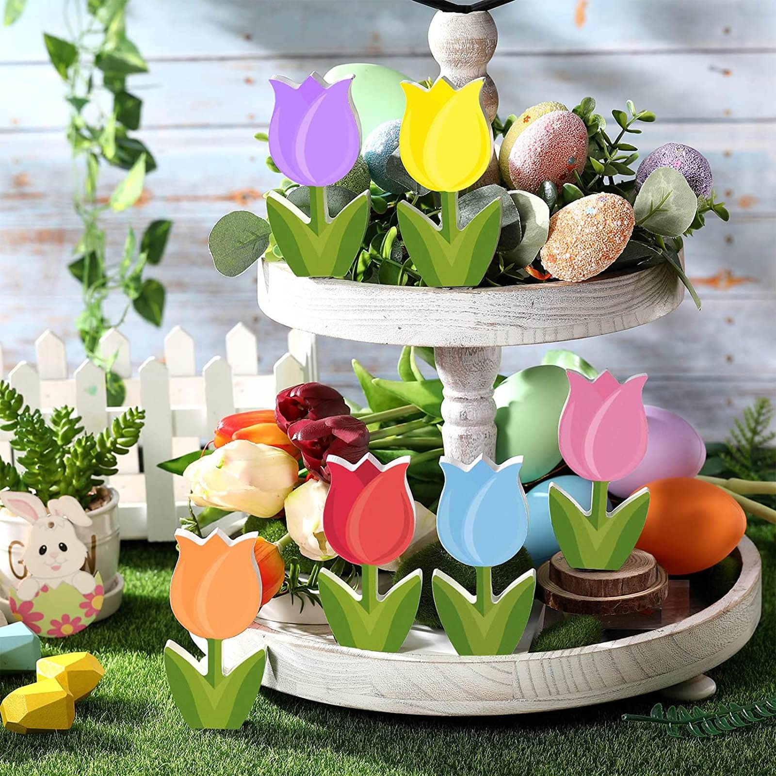 6 Pcs Easter Wooden Tulips Tiered Tray Decor Farmhouse Wood Tulips Table Decorations Spring Tiered Tray Decor Easter Wooden TulipsSign for Shelf Tabletop Easter Party Home Tie Trays (Pink, One Size)