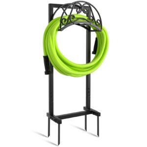 greener garden hose holder greener detachable water hose holder freestanding heavy duty metal hose hanger holds 150-feet hose,outdoor hose holder storage hose stand rack for outside yard lawn,black